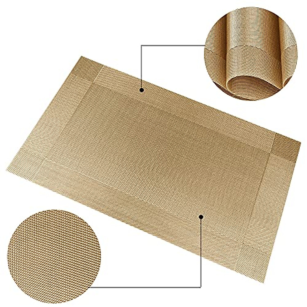 FGSAEOR Placemats Place Mats for Kitchen Dining Table, Heat-Resistant Anti-Skid Stain Washable PVC Table Mats, Easy to Cleaning Woven Vinyl Dinner Mats (Gold, 6 Pack)