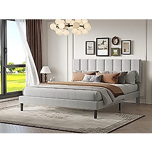 BONSOIR Queen Size Bed Frame Modern Vertical Panel Upholstered Low Profile Platform with Tufted Headboard/No Box Spring Needed/No Bed Skirt Needed/Linen Fabric Upholstery/Light Grey (Queen Size)