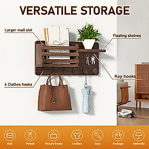 Key Holder Wall Mount, Key and Mail Holder for Wall, Wall Key Holder with Shelf and 6 Large Hooks for Bags, Coats, Umbrella, Wood Key Shelf for Entryway, 4 Small Key Hook, Wallet/Dog Leash Holder,Pine