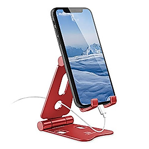 Tobeoneer Foldable Cell Phone Stand - Desk Phone Holder, Adjustable Alluminum Dock for iPhone 14 13 12 11 Pro XR XS Max 8 7 6 6s Plus Mini iPad Tablet (Red)