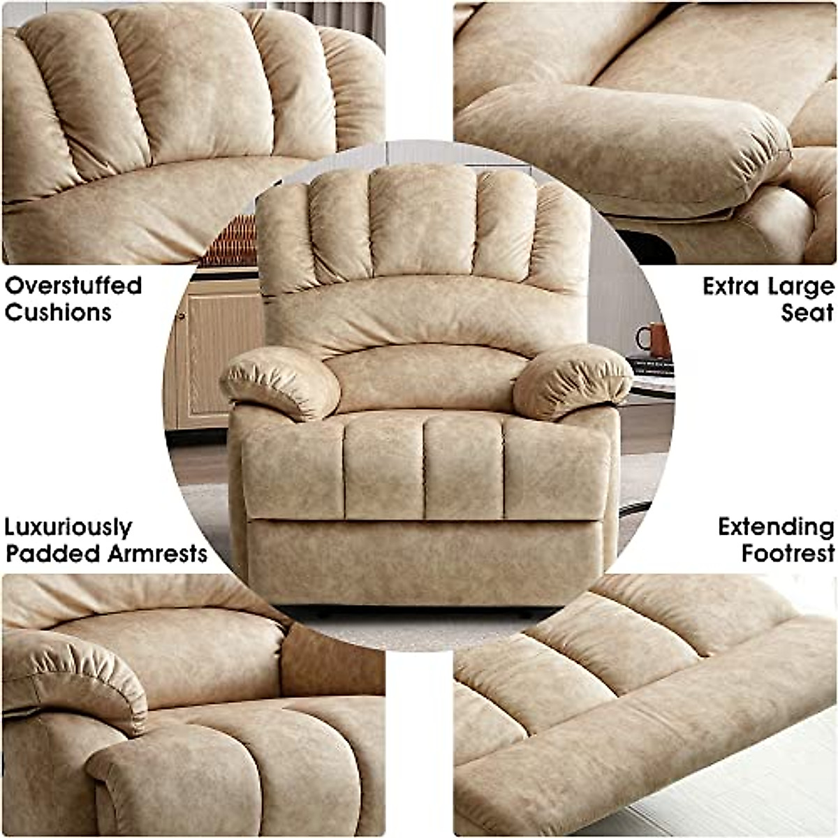 COOSLEEP Large Recliner Chair for Adults,Single Recliner Chair Big and Tall for Living Room,Breathable Fabric Manual Sofas (Khaki)