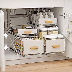 LONONE Under Sink Shelf Rack Metal Under Sink Organizers and Storage 2 Tier Sliding Cabinet Organizer Pull Out Shelves Under Kitchen Sink,White