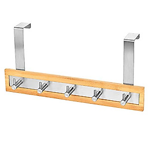 ToiletTree Products Bamboo Wood & Stainless Steel Over The Door Towel Rack, 5 Hooks