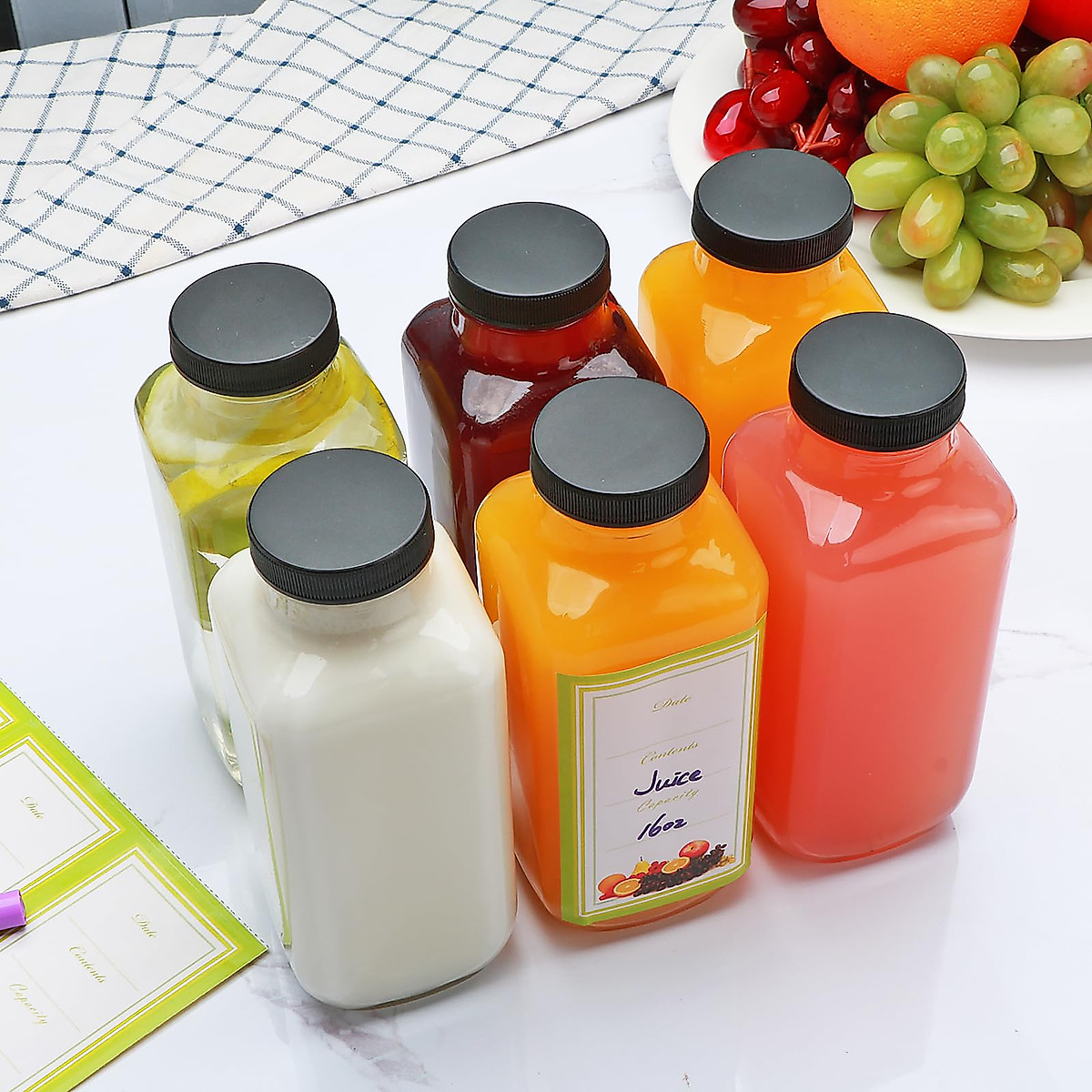 Woaiwo-q 12 Pack 16oz Glass Juice Bottles with Lids, Reusable Juice Containers Drinking Jars Water Cups with Brush, Glass Straws, Lids with Hole…