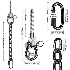 BeneLabel Swing Hooks with 39" Black Chain, Hanging Kits Hammock Chair Hardware, Screw Bracket for Indoor Outdoor Playground Swing Hammock Chair Porch Swing, 1000LB Capacity