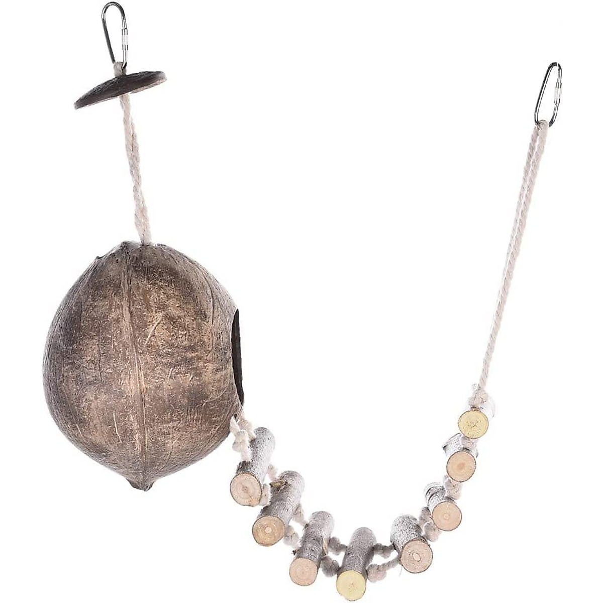 Natural Coconut Shell with Wood Ladder Bird Breeding Nest Bed Perch Swing Toy for Parrot Budgie Parakeet Cockatiel Conure Lovebird Canary Finch Small Parrot Hamster Rat Chinchilla Cage