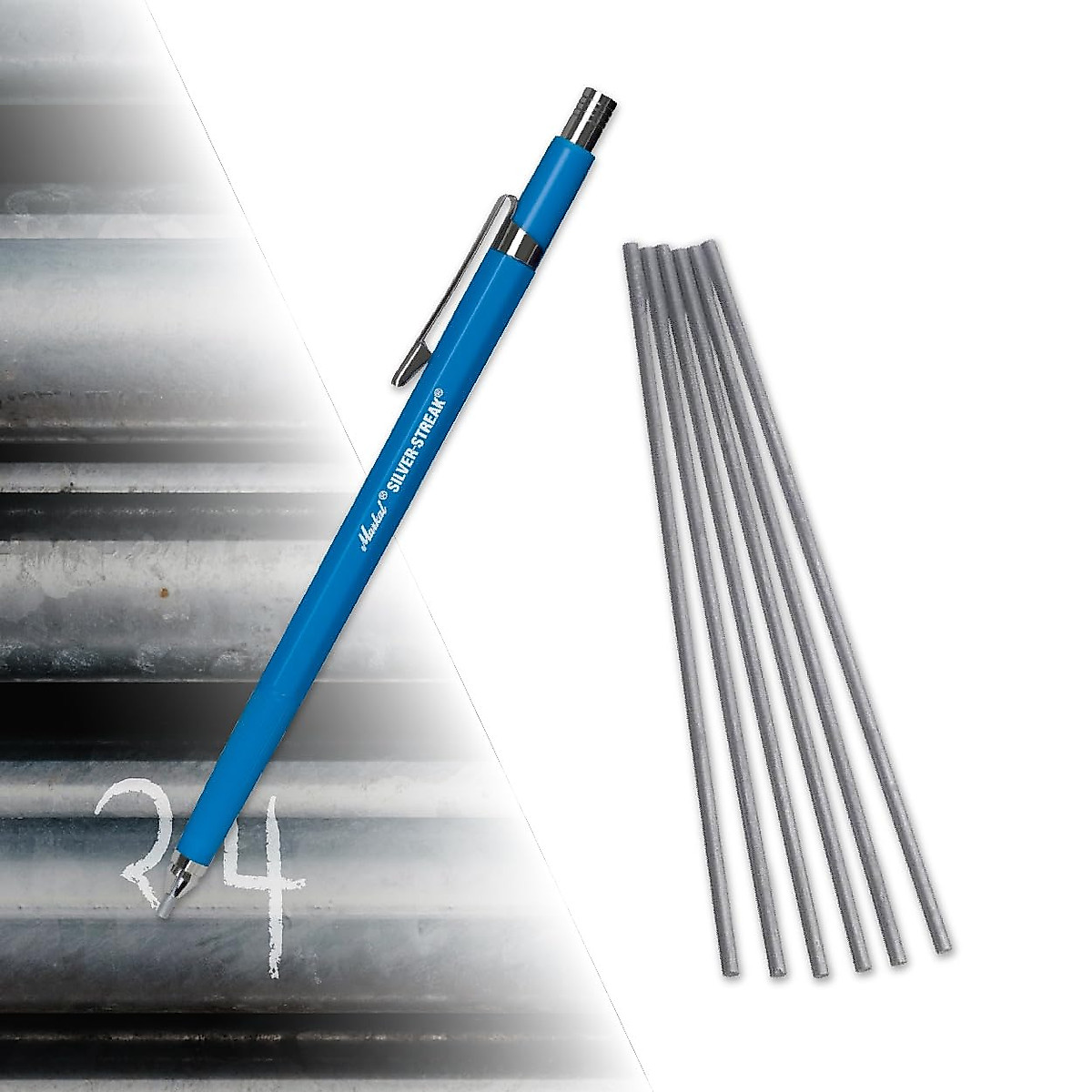 Markal 96107- Markal Silver-Streak Refillable Mechanical Holder With 6 Silver Highly Visible Reflective Lead Refills, Built-in Sharpener, 1 Click Advance -Ideal for Metal Layout & Fabrication Work
