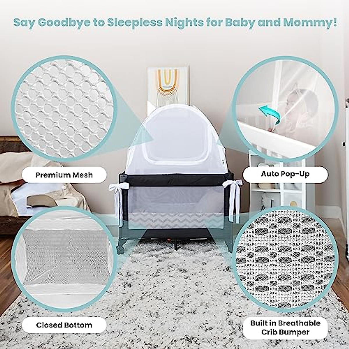 Pro Baby Safety Premium Pack n Play Tent, Mini Crib Tent to Keep Baby from Climbing Out, Auto Pop Up Pack and Play Tent with Auto-Lock Zippers, Thick Velvety Breathable Mesh (Gray Chevron)