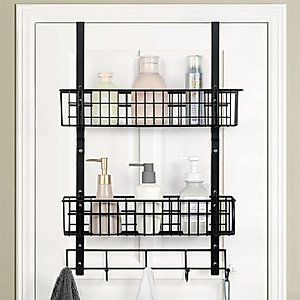 NEX Over The Door Hooks Organizer Hanger, Coat Hooks Towel Rack with 2 Mesh Basket 5 Hooks Hanging Storage Spice Rack Rustproof for Bathroom Bedroom Kitchen Back of Door Storage Shelves, Black
