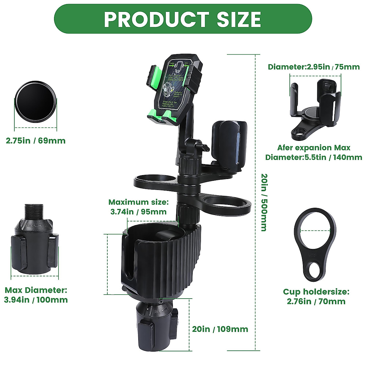 Cup Holder Expander for Car,5-in-1 Car Cup Holder Expander with Detachable Car Phone Holder,Dual Cup Holder&Adjustable Base Essential Car Accessories for Travel, for Water Glass,Fried Chicken Bucket.