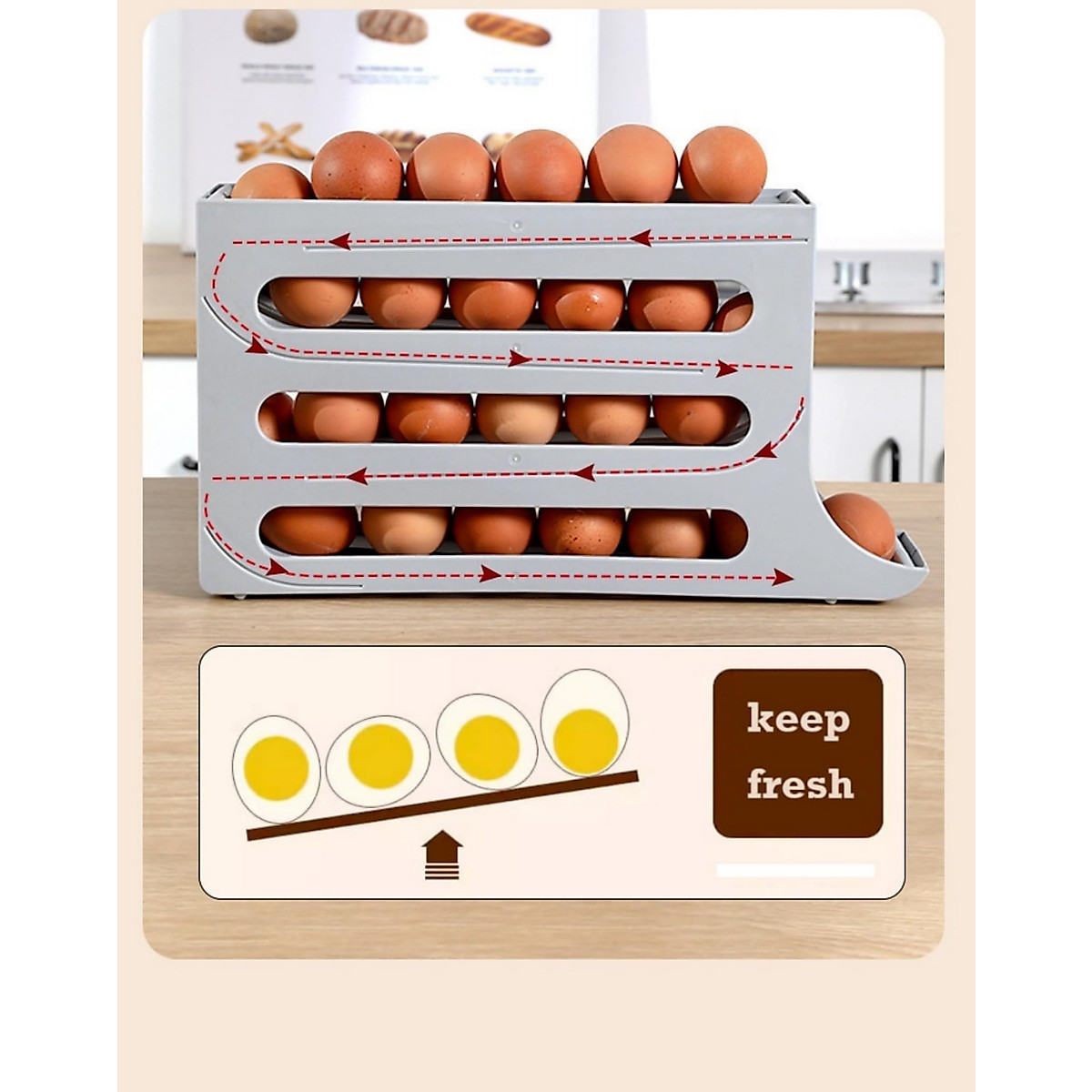 30 Eggs Egg Holder for Fridge,4 Tiers Egg Holder for Fridge,Auto Rolling Fridge Egg Organizer for Refrigerator,Space-Saving Egg Dispenser Holder,Fridge Egg Rack, Egg Storage Rack for Kitchen(White)