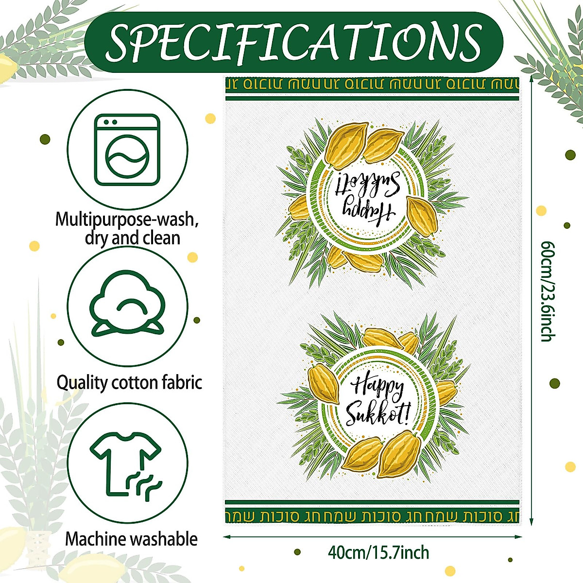 FuWeave 4 Pcs Happy Sukkot Kitchen Towels Etrog Dish Towels 15.7 x 23.6 Inch Hebrew Jewish Lulav Decoration Gifts Dish Cloth Hand Drying Towel Sukkah Party Tea Towel for Home Baking Holiday