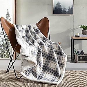 Eddie Bauer - Throw Blanket, Cotton Flannel Home Decor, All Season Reversible Sherpa Bedding (Edgewood Plaid Grey, Throw)