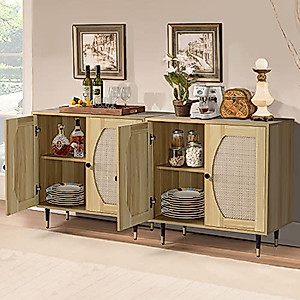 4ever2buy Rattan Buffet Cabinet Sideboard with Storage, Kitchen Accent Cabinet with Woven Natural Rattan Doors, Entryway Cabinet with Adjustable Shelves，Console Tables for Living Bedroom Dining Room