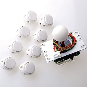 SANWA JLF-TP-8YT Joystick + Sanwa 8 pcs OBSF-30 Push Button Bundle Kit White - for Arcade Game 4 & 8 Way Adjustable, Compatible with Catz Mad SF4 Tournament Joystick (White Ball Top) S@NWA