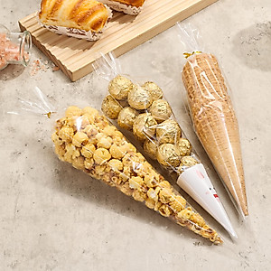 Cone Shaped Treat Bags, 100 Pcs Clear Popcorn Bags Bulk 7x15 In Cellophane Treat Bags with Twist Ties Small Triangle Plastic Cone Bags for Gift Giving Individual Servings Party Favor Candy Snack Wraps