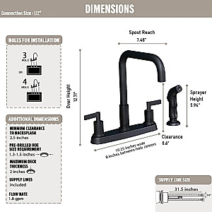 Kitchen Faucet with Sprayer, Black Kitchen Faucet, Matte Black Kitchen Sink Faucet, Stainless Steel Kitchen Sink Faucet with Side Sprayer, 3 or 4 Hole RV Utility Laundry Kitchen Faucets KMF028B