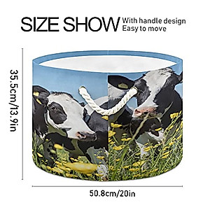 Kigai Black White Cows Round Storage Basket, Toy Basket Bin with Cotton Rope Handle, Laundry Basket Hamper, Clothes Organizer 20 x 14 In