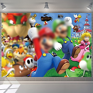 Super Brother Backdrop Children Fans Birthday Party Supplies Decoration Background Boy Adventure Theme Cartoon Video Game Shooting Banner Family Cake Table Photo Props (7x5FT(210x150cm))