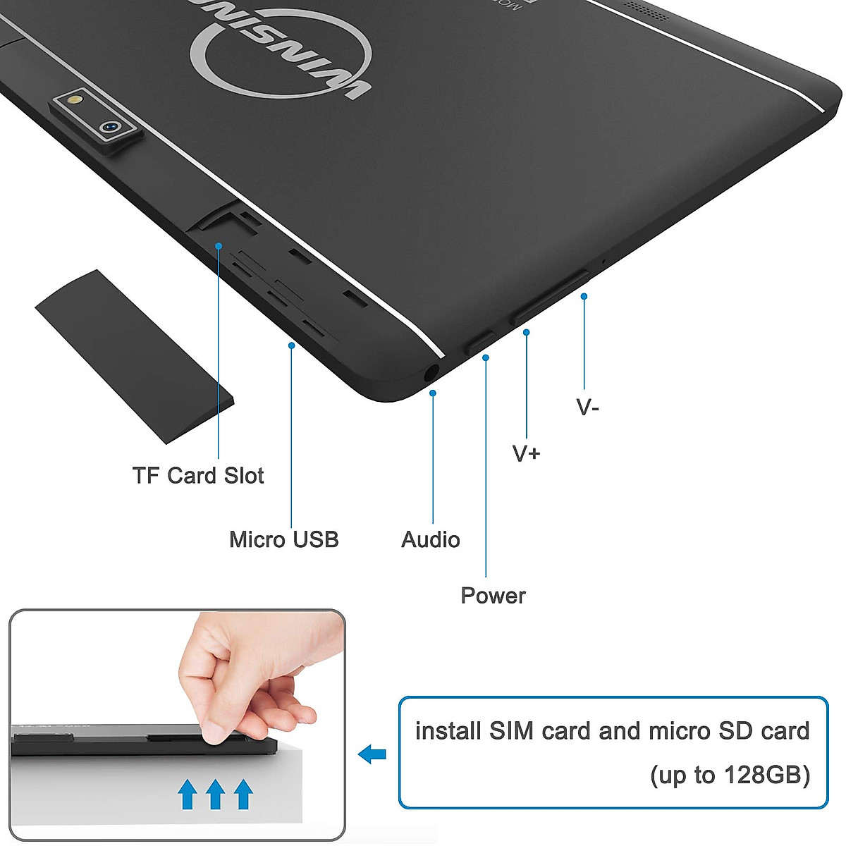 Winsing Android Tablet 10 Inch, Tablets Android with 32 GB ROM, Expand to 128 GB,3G Unlocked Phablet with Sim Card Slot, WiFi, Bluetooth, GPS, Black, Gifts for Mother's Day Bluetooth, Black