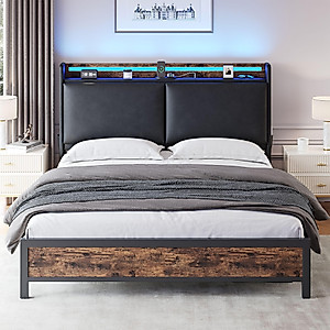 Full Size Bed Frame with Ergonomic Headboard, LED Lights Bed Frame with Hidden Storage, PU Leather Upholstered Platform Metal Bed with Charging Station , No Box Spring Needed, Heavy Duty, Black&Brown