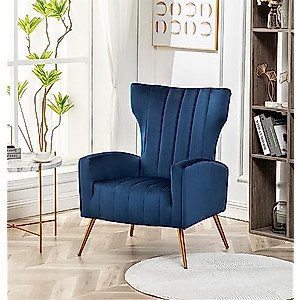 Container Furniture Direct Armchair Modern Velvet Accent Chair, Channel Tufted Bedroom, Office or Living Room Furniture with Elegant Metal Legs, Blue
