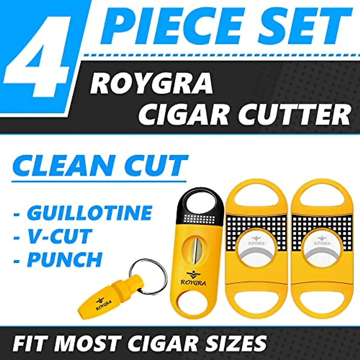 roygra Cigar Cutter, Cigar Punch, V-Cut, Double Blade Guillotine, Yellow - 4 Pack