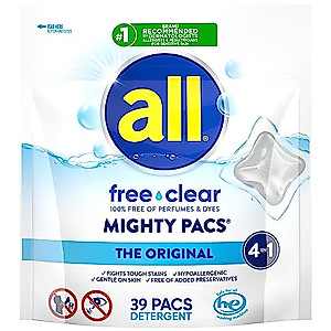 all Mighty Laundry Detergent Pacs, Free Clear for Sensitive Skin, Unscented and No Dye, 39 Count
