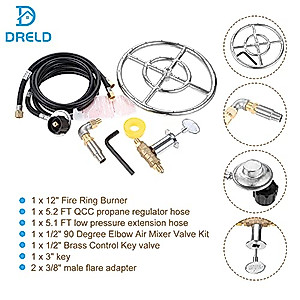 12" Fire Pit Ring Burner Kit, LP Propane Gas Fire Pit Stainless Steel Burner Ring Installation Kit, for Fire Pit Indoor Outdoor Camping Fireplaces with 1/2 Key Valve Air Mixer Valve Regulator Hose