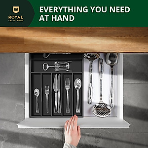 ROYAL CRAFT WOOD Bamboo Kitchen Drawer Organizer - Silverware Organize and Cutlery Tray with Grooved Drawer Dividers for Flatware and Kitchen Utensils (7 Slot, Black)