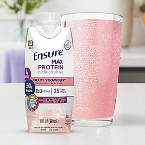 Ensure Max Protein Nutrition Shake with 30g of Protein, 1g of Sugar, High Protein Shake, Creamy Strawberry, 11 fl oz, (Pack of 12)