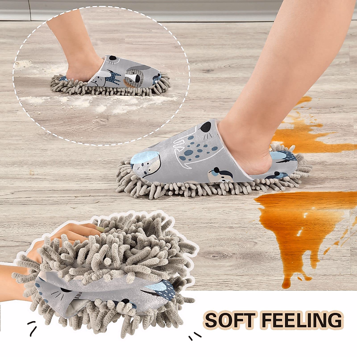 Childish Funny Dogs Mop Slippers Shoes Cover for Floor Cleaning Washable Hair Dirty Dust Cleaners Microfiber Mop Socks for Kitchen House Office