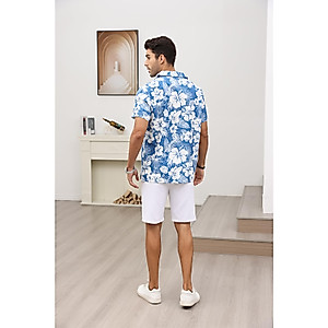 Men's Novelty Hawaiian Floral Shirt Summer Casual Button Down Tropical Holiday Beach Shirts Blue