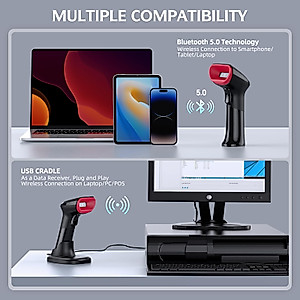 TEEMI Bluetooth Barcode Scanner with Smart USB Cradle Wireless UPC Code Scanner 2D QR Code Scanner for Android, iOS, Windows, Mac, Easy Swap Replaceable Battery, Hands-Free Handheld Bar Code Reader