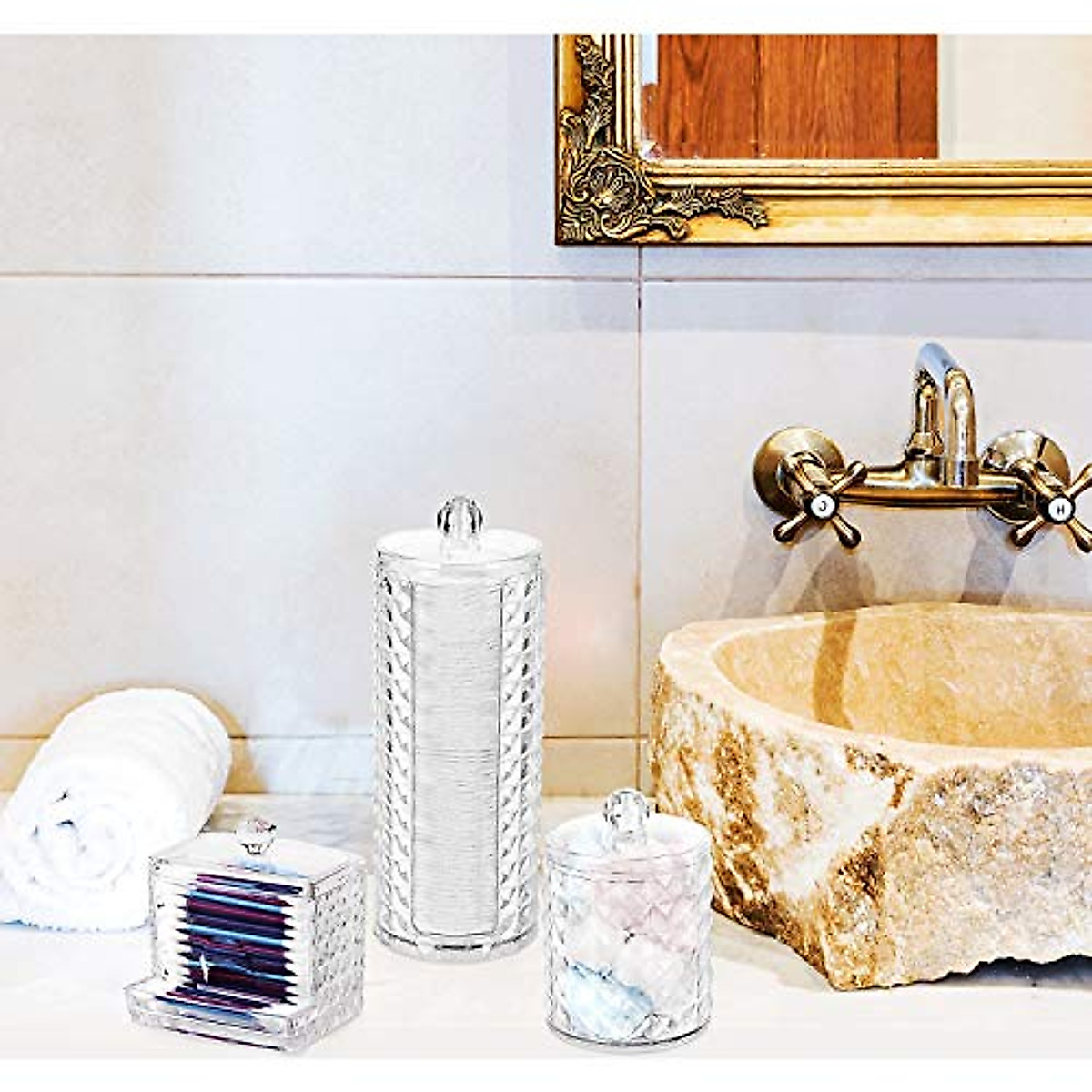 Aeon Design Makeup Organizer Set Cotton Ball,Cotton Pad And Q Tip Holder Vanity Organizer-Storage Containers On Bathroom Counters-Bathroom Organizer-Easy Organization With Compact Unique Design-3 Pack