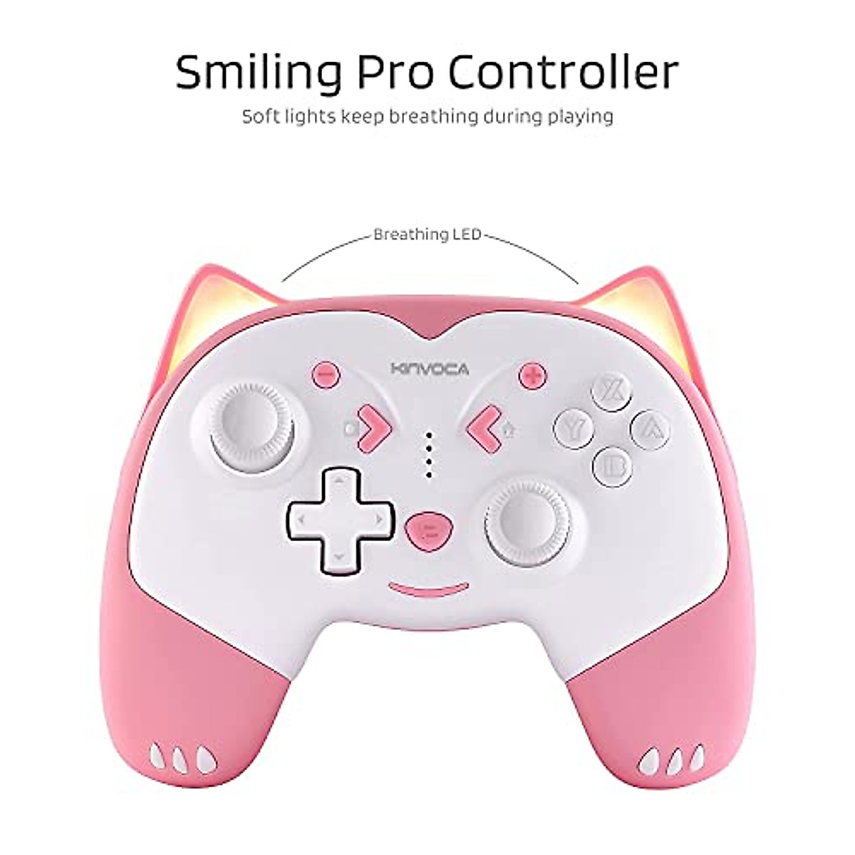KINVOCA Wireless Controller for Nintendo Switch/Switch Lite, Cute Pro Controller with Turbo, Motion, Vibration, Wake-Up, Headphone Jack and Breathing Light - Pink