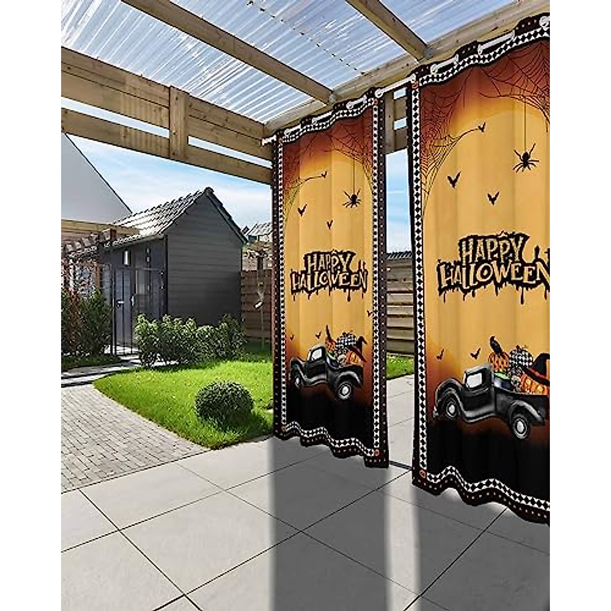 Waterproof Outdoor Curtains for Patio,Halloween Pumpkin Truck Blackout Grommet Curtain Privacy Curtains for Yard Porch Pergola Cabana Gazebo,Scary Bats Castle Under the Moon 1 Panel,54''Wx108''L