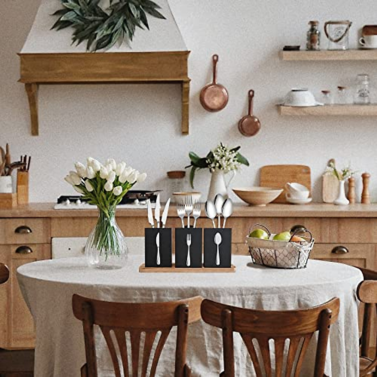 CHONIC Farmhouse Silverware Holder, Rustic Wood Silverware Caddy with Tray, Spoon Fork Knives Flatware Dispenser, Utensil Countertop Organizer, Plastic Cutlery Holder for Kitchen Party (Black)