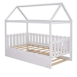 KLMM Low Daybed for Kids, Floor Bed with Trundle Bed, House Shape Wooden Bed Frame with Fence-Shaped Guardrail and Roof, Bedroom Furniture, Can be Decorated, Tent, Twin (White+Fence-Shaped Guardrail)