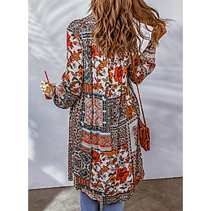 Dokotoo Womens Summer Spring Beach Boho Long Sleeve Cardigans Button-Down Bohemian Fashion Geometric Floral Kimonos for Women Brown XX-Large