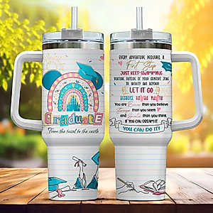 99WHALE Graduation Castle Adventure, Tumbler 40 Oz With Handle Lid And Straw, Graduation Gifts, Tumblers Rainbow Gold Senior White Class Handle Of Purple Royal Teal Blue Heart