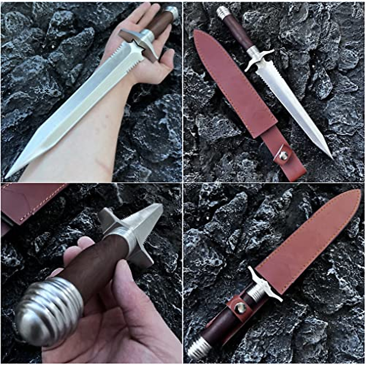MADSABRE Fixed Blade Hunting Knife Saber with Leather Sheath, 15 Inches Outdoor Survival Tactical Knives, Double Edged Serrated Dagger Wood Handle