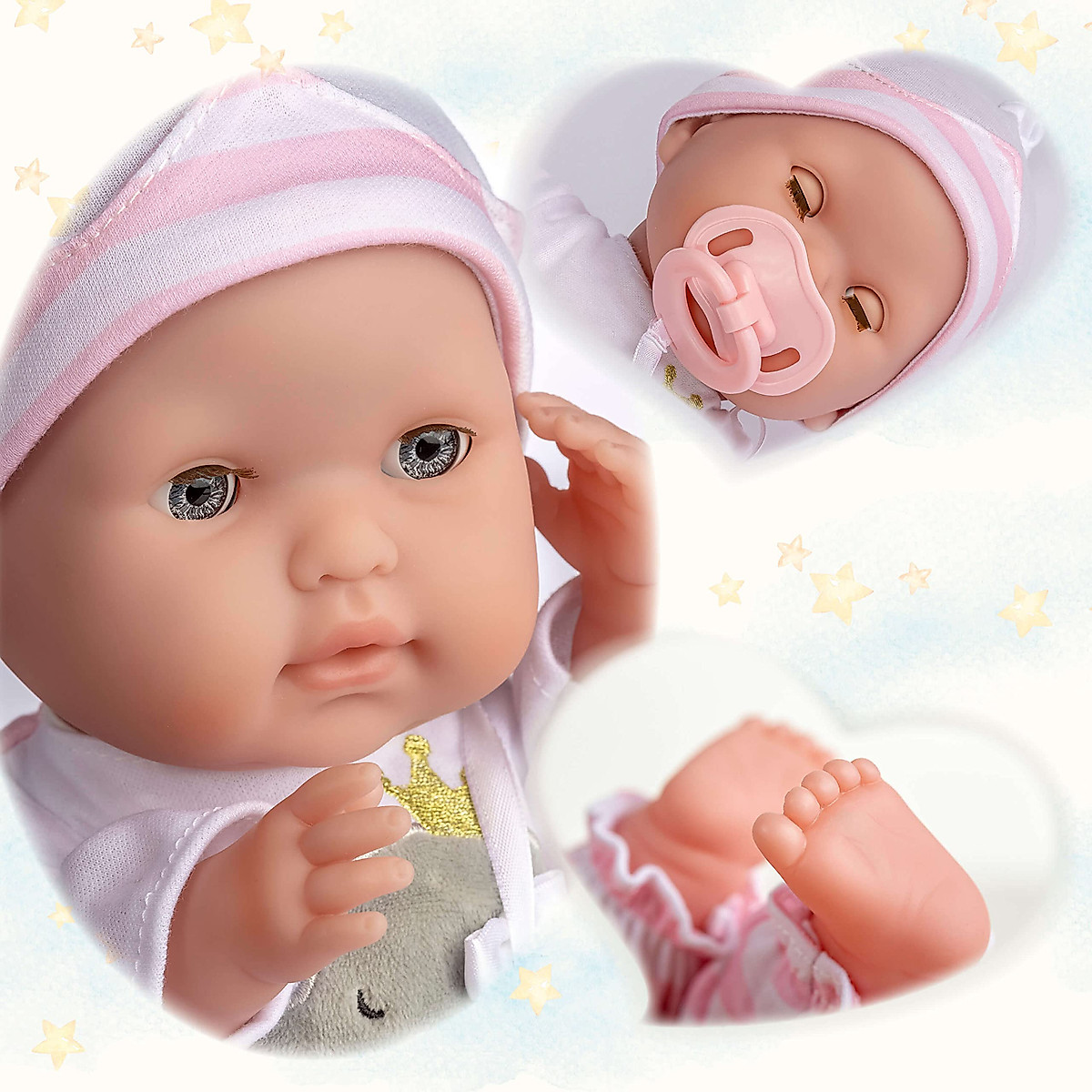 15" Realistic Soft Body Baby Doll with Open/Close Eyes | JC Toys - Berenguer Boutique | 10 Piece Gift Set with Bottle, Rattle, Pacifier & Accessories | Pink | Ages 2+