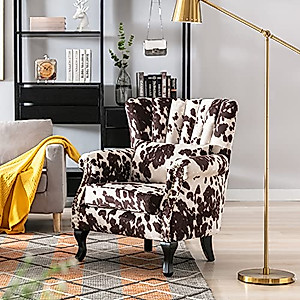 DM Furniture DM-Furniture Cow Print Accent Chair Modern Tufted Wingback Armchair Club Chair Velvet Single Sofa Lounge Chair with Pillow for Living Room Bedroom, Cow