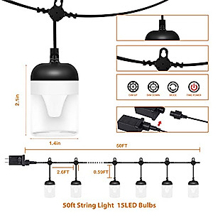 SUWITU String Lights for Outside 50Ft, Outdoor Lights for Patio with 15 Dimmable LED Bulbs, Hanging Porch Plastic Light Waterproof Shatterproof for Bistro, Garden, Backyard, Gazebo, Party Decor