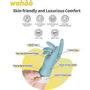 LANON wahoo Skin-Friendly Cleaning Gloves, Dishwashing Kitchen Gloves with Cotton Flocked Liner, Reusable, Non-Slip, Surf Spray, Small