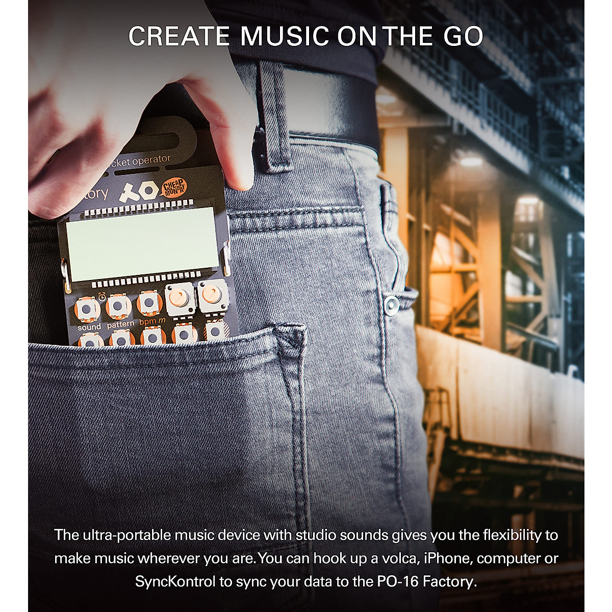 teen age engineering Pocket Operator PO-16 Factory Lead and Chord Synthesizer and Sequencer Bundle with Blucoil 3-Pack of 7" Audio AUX Cables, and 4 AAA Batteries