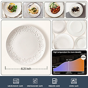 Artena Embossed Ceramic Salad Plates, White Dinner Plates 8.25 inch, Kitchen Plates Set of 4, Pasta Plate for Appetizer, Dessert, Serving Dishes for Entertaining, Party, Microwave/Oven/Dishwasher Safe