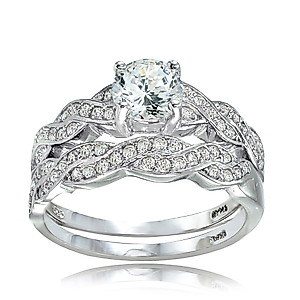 Hoops & Loops 925 Sterling Silver Cubic Zirconia Round-cut Twisted Wedding & Engagement Bridal CZ Wedding Ring 2Pcs Set for Women Teen Girls, Size 6
