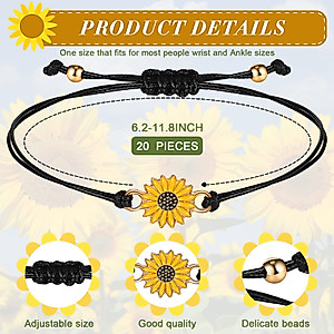 20 Pcs Sunflower Bracelets Adjustable Handmade Friendship Bracelet Bulk Boho Braided Rope String Bracelets for Women Teen Girls Couples Wrist Friend Gift Favors (Black)